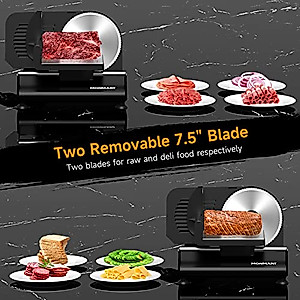 200W Meat Slicer with Two 7.5” Blades & One Stainless Steel Tray for Home Use, Electric Deli Food Slicer with “Upgrade” Big Thickness Knob (0-15mm) Cut Meat Cheese Bread, Easy to Clean