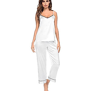 SWOMOG Women's Satin Pajamas Set V-Neck Cami Top and Capris Pants Silk Sleepwear Pjs Set White