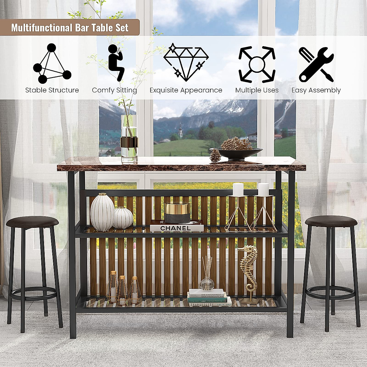 AWQM 3 Piece Bar Table Set with Storage, Kitchen Island with Seating Wooden Counter Height Table and Chairs Set, Brown