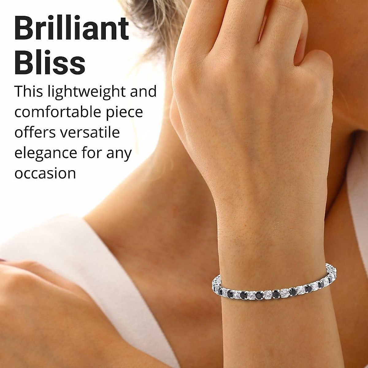 Shop LC Tennis Bracelet - Black & White Cubic Zirconia Bracelet for Women in Silvertone - Dainty CZ Crystal Bridal Bracelets - Elegant Jewelry Ideal for Special Occasions - 8" Length - Fits Wrists 7"