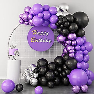 GREMAG Purple Balloon Garland Kit, 112 Pcs Black Purple Metallic Silver Balloon Arch Kits, 5 10 12 18 Inch Latex Balloons for Graduation Decorations Birthday Party Anniversary Backdrop Halloween