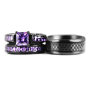 LOVERSRING His and Hers Couple Ring Bridal Set His Hers Women Black Gold Filled Square Cz Man Tungsten Carbide Wedding Ring Band Set