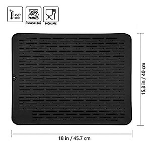 Piduules Eco-friendly Silicone Dish Drying Mat Large Reusable Non-slipping and Heat Resistant Dish Quick Drying Pad, Dishwasher Safe, Black XL 18”x15.8”