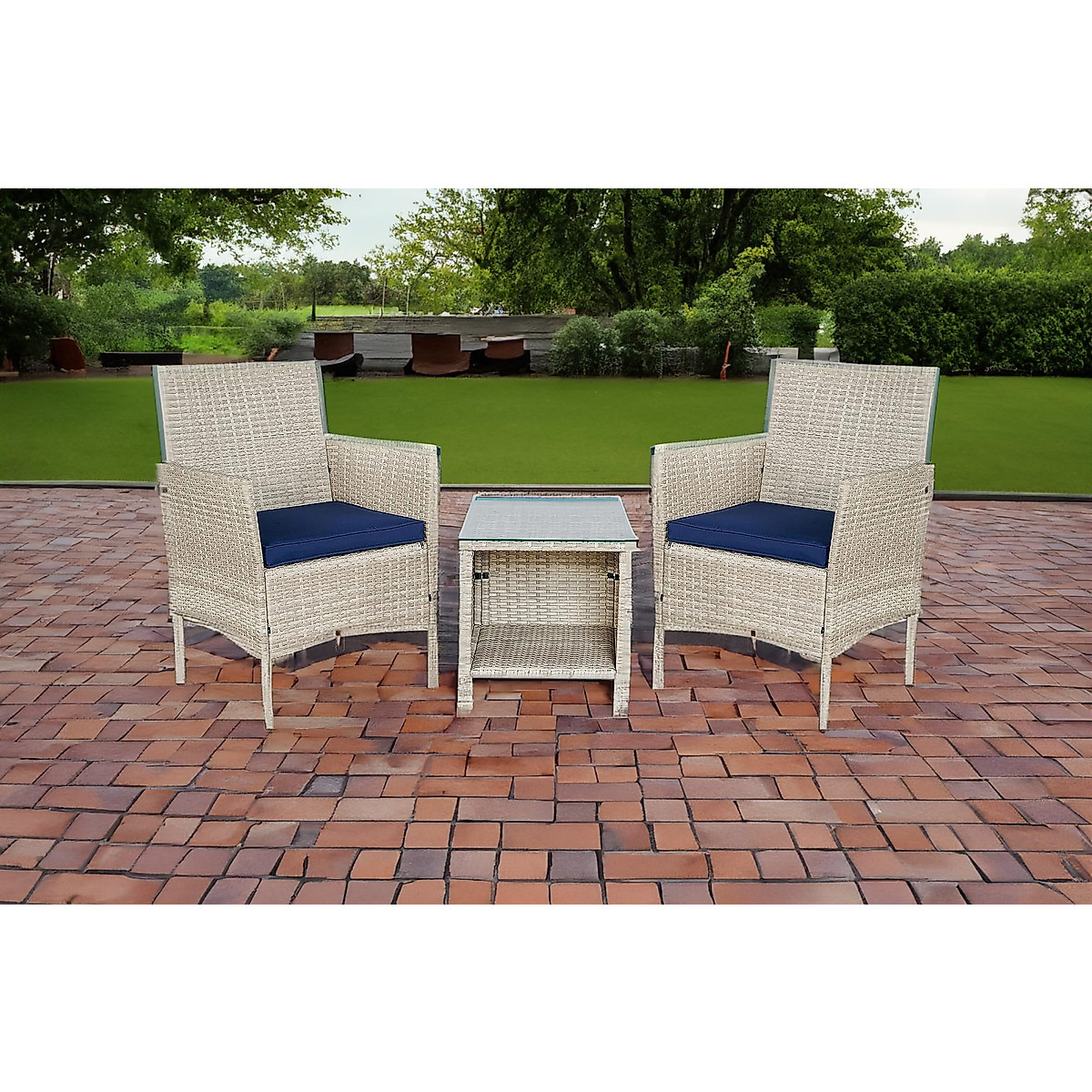 BTEXPERT Outdoor Wicker Conversation 3 Piece Bistro Set Garden Patio Yard Porch Furniture Space Saving Pe Rattan 2 Chairs Cushions Side Storage Glass Table Stone Gray/Navy Blue 3pc