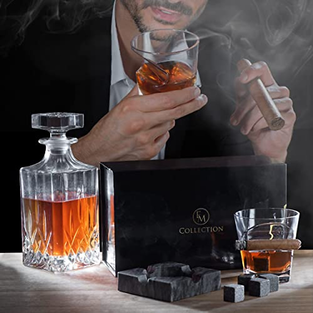 EMCOLLECTION Home Bar Crystal Whiskey Gifts for Men with Side Mounted Holder, 12oz, Bourbon Glasses Old Fashioned | Whisky Stones | Ideal for Cocktails, Scotch and Liquor's Lovers (Set of 1 Glass)