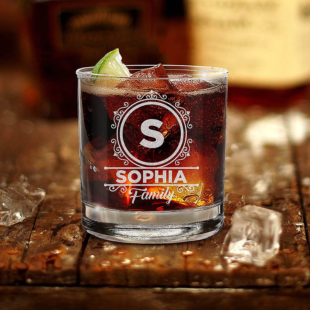 Personalized Monogram Engraved Bourbon Whiskey Rocks Glass 11 oz, Custom Drinking Gift with Initial and Name for Him, Her