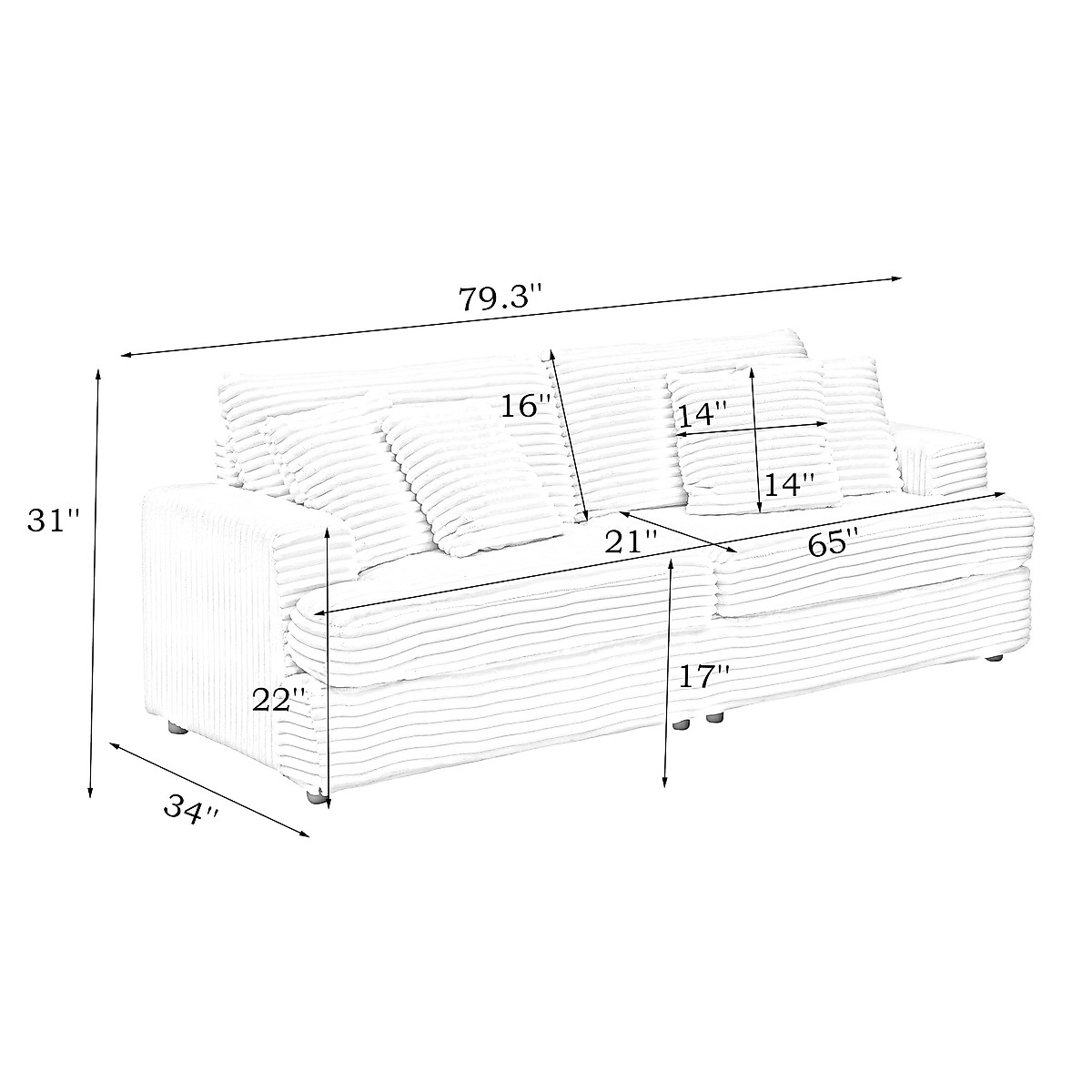Ball & Cast 79.3" Corduroy Upholstered Comfy Sofa,3 Seater Couch with Deep Seat,Mordern Loveseat with 4 Pillows for Livingroom, Apartment, Office, Gray