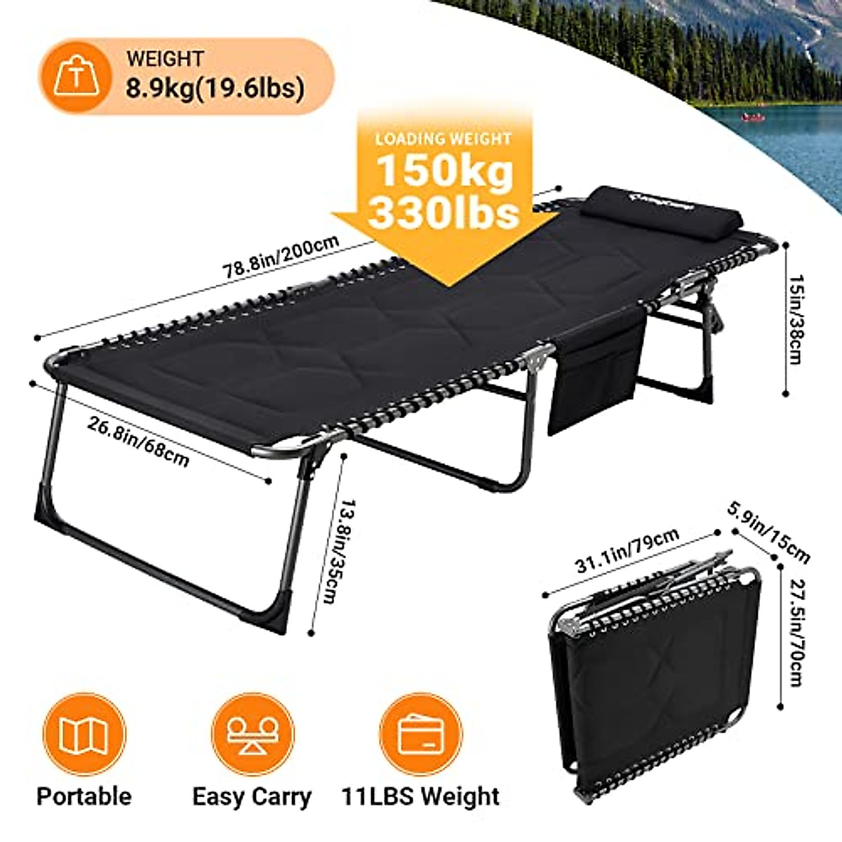 KingCamp Oversized Padded Folding Lounge Chair for Outdoor Patio Beach Lawn Pool Sunbathing Tanning, 5-Position Heavy Duty Portable Padded Camping Cot with Pillow, Support 300LBS