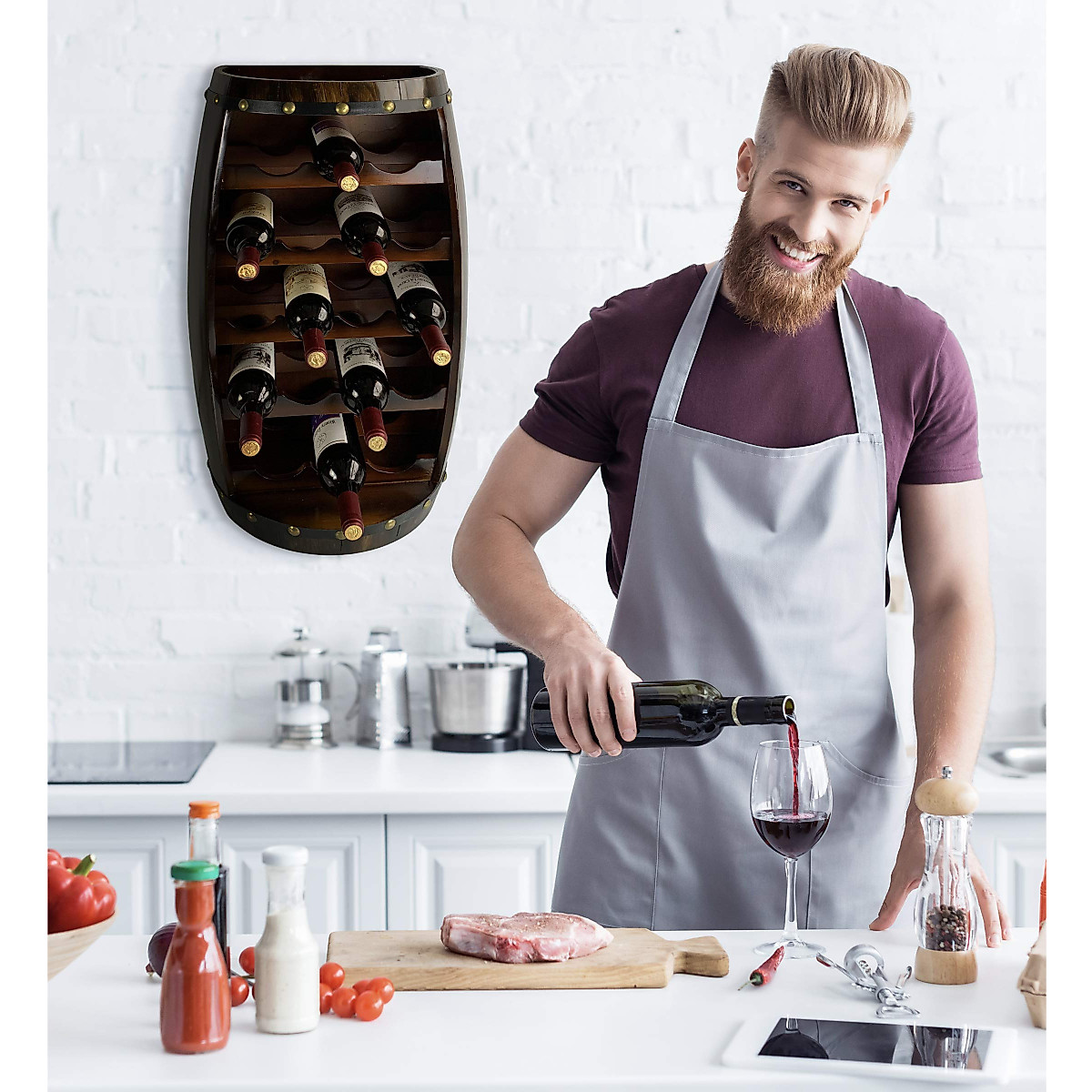 CoTa Global Alexander Wall Mounted Wine Rack - 18 Wine Bottles Freestanding Wooden Barrel Wine Holder, Hanging Bottle Rack or Floor Stand, Rustic Wine Storage Shelf Organizer for Wine Bar & Home Décor