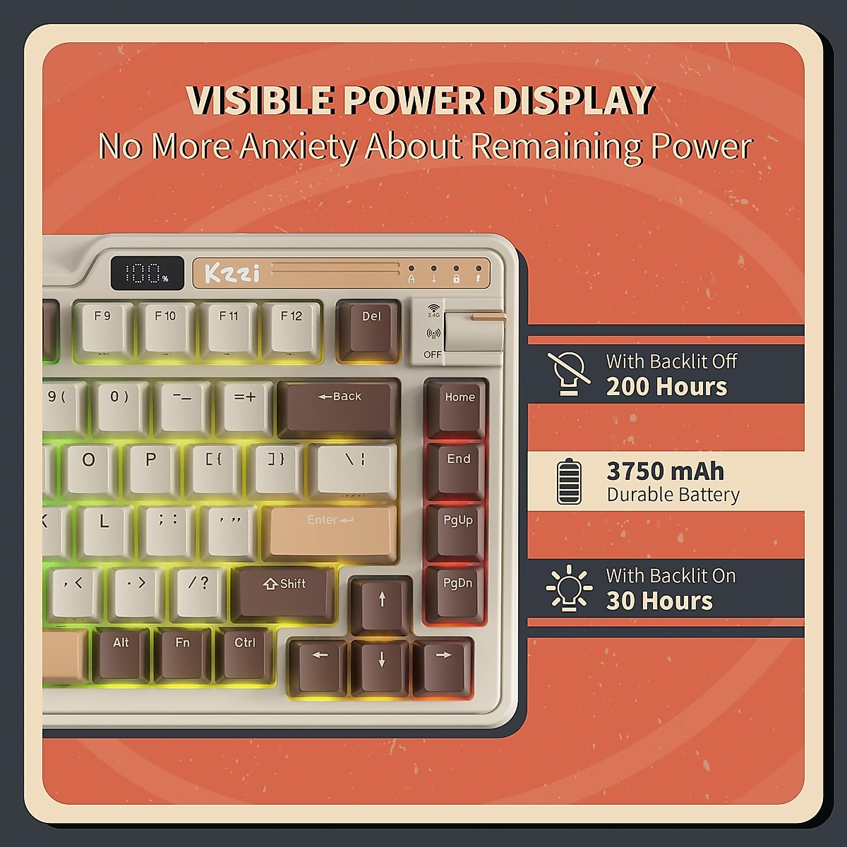 KZZI K75 PRO RGB 75% Wireless Gasket Mechanical Keyboard, Triple Mode BT 5.0/2.4G/USB-C 82 Keys Hot Swappable Gaming Keyboard w/Knob & Power Display, Custom Tactile Switches, Mousse Brown