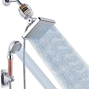 Voolan Filtered Shower Head, High Pressure Rain Shower with Handheld Shower Filter Combo with Self-adhesive Holder/59" Hose -1 Replaceable Filter Cartridge (Chrome)