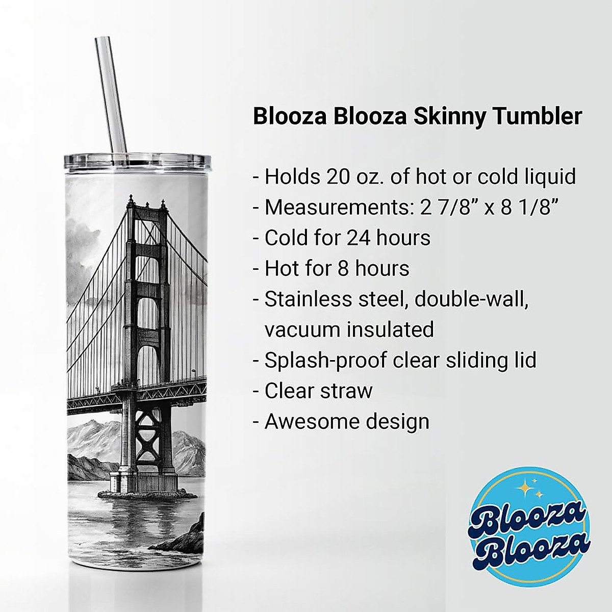 Sketch Of Golden Gate Bridge San Francisco California Skinny Tumbler 20oz with Straw Insulated Water Bottle Gift