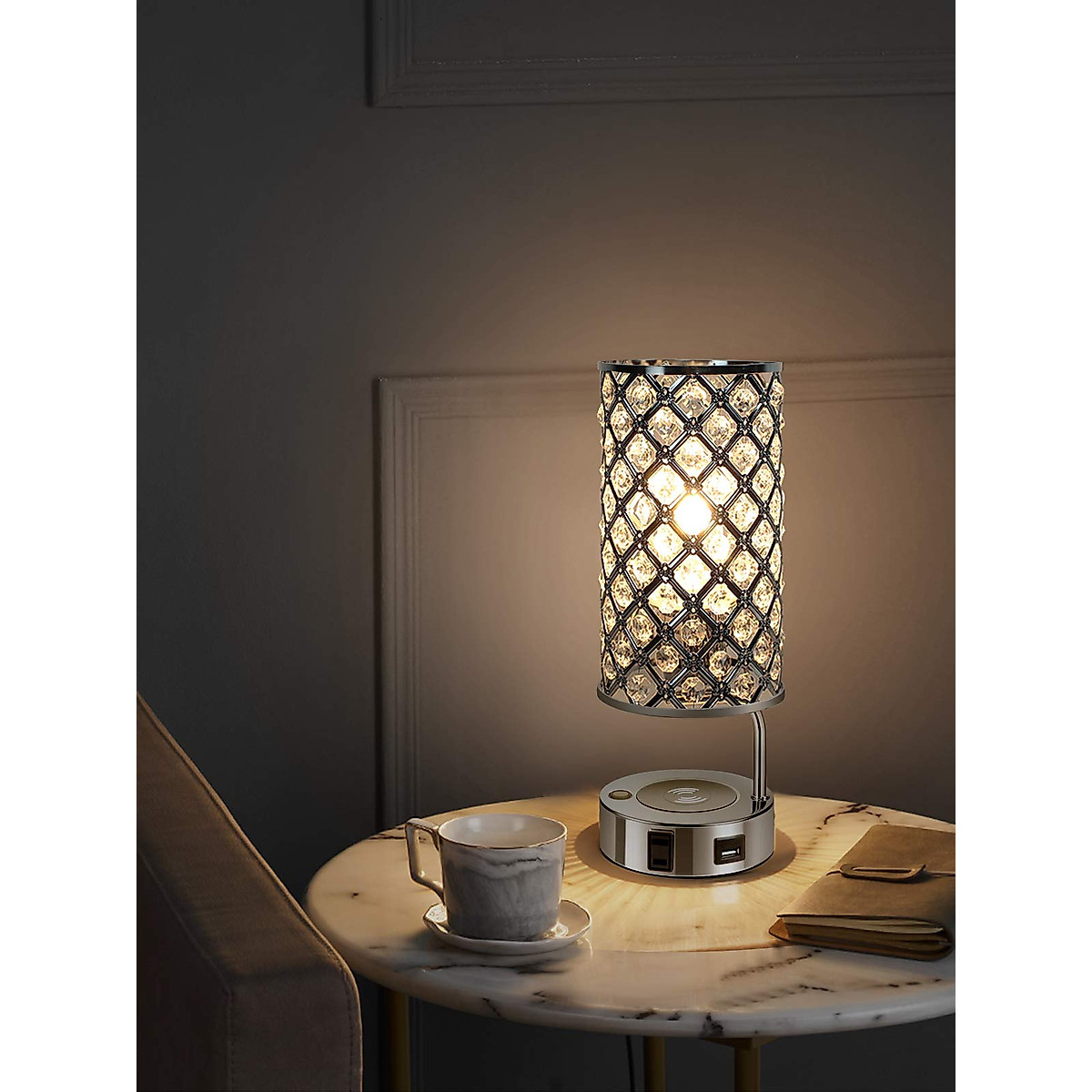 Touch Control Crystal Table Lamp, 3 Way Dimmable Wireless Charging Table Lamp, USB Bedside Light with Crystal Shade, Modern Nightstand Lamps for Bedroom Living Room (Bulb Included) (Silver)