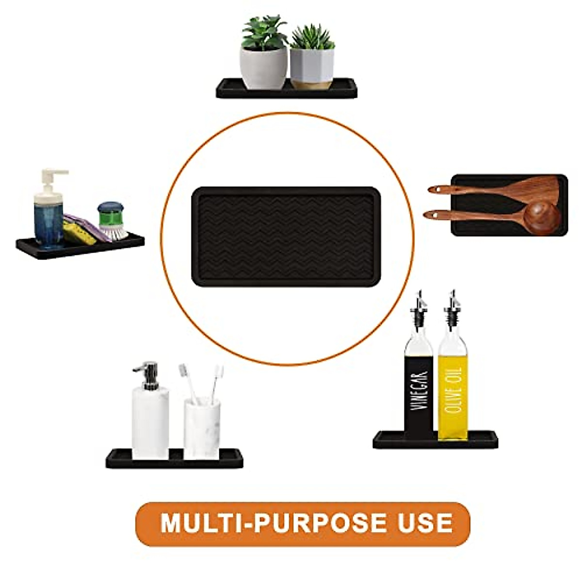 HomeBee Silicone Kitchen Bath Vanity Organizer Tray, Non-Slip Multipurpose Sink Caddy | Dish Sponge, Brush, Soap Dispenser Bottle Holder | Dishwasher Safe Rubber Counter Mat (10 x 5.25 Inch – Black)