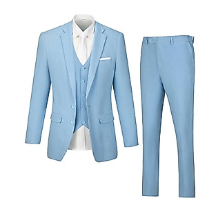 3 Piece Linen Suit for Men Slim Fit Summer Beach Lightweight Casual Suits Wedding Prom Tuxedos Blazer Vest&Pants Light Blue M