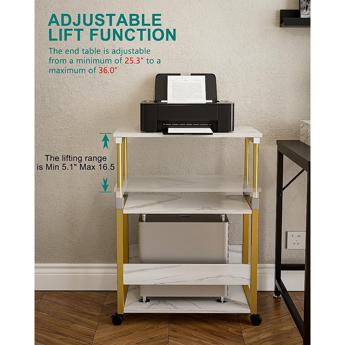 HMFOR Computer Tower Stand with Height Adjustable, PC Stand for Under Desk, Moblie Computer Case Tower, 3-Tier Computer Cart with Rolling Wheels for Home Office Gaming Case, Faux White Marble