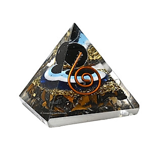 Ultimate Protection Orgone Pyramid with Evil Eye Black Obsidian Sphere - Triple Protection Crystals Tiger Eye Hematite & Black Obsidian (30mm, Small)