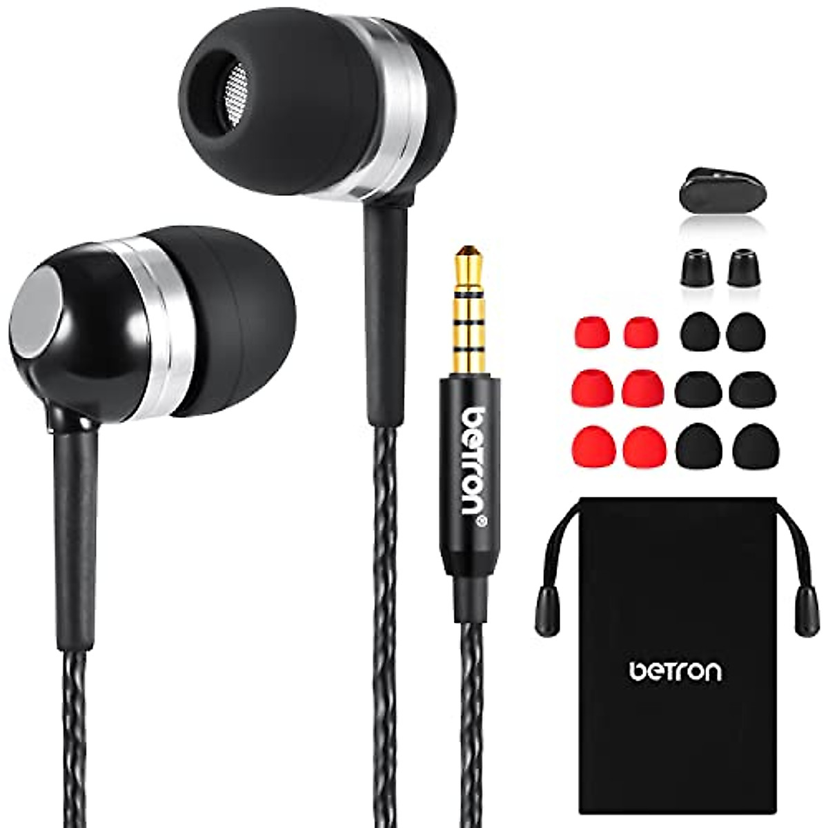 Betron RK300 in Ear Headphones Earphones Wired with Noise Isolating Earbuds Tangle Free Cord Lightweight Carry Case Soft Ear Buds 3.5mm Plug, Black