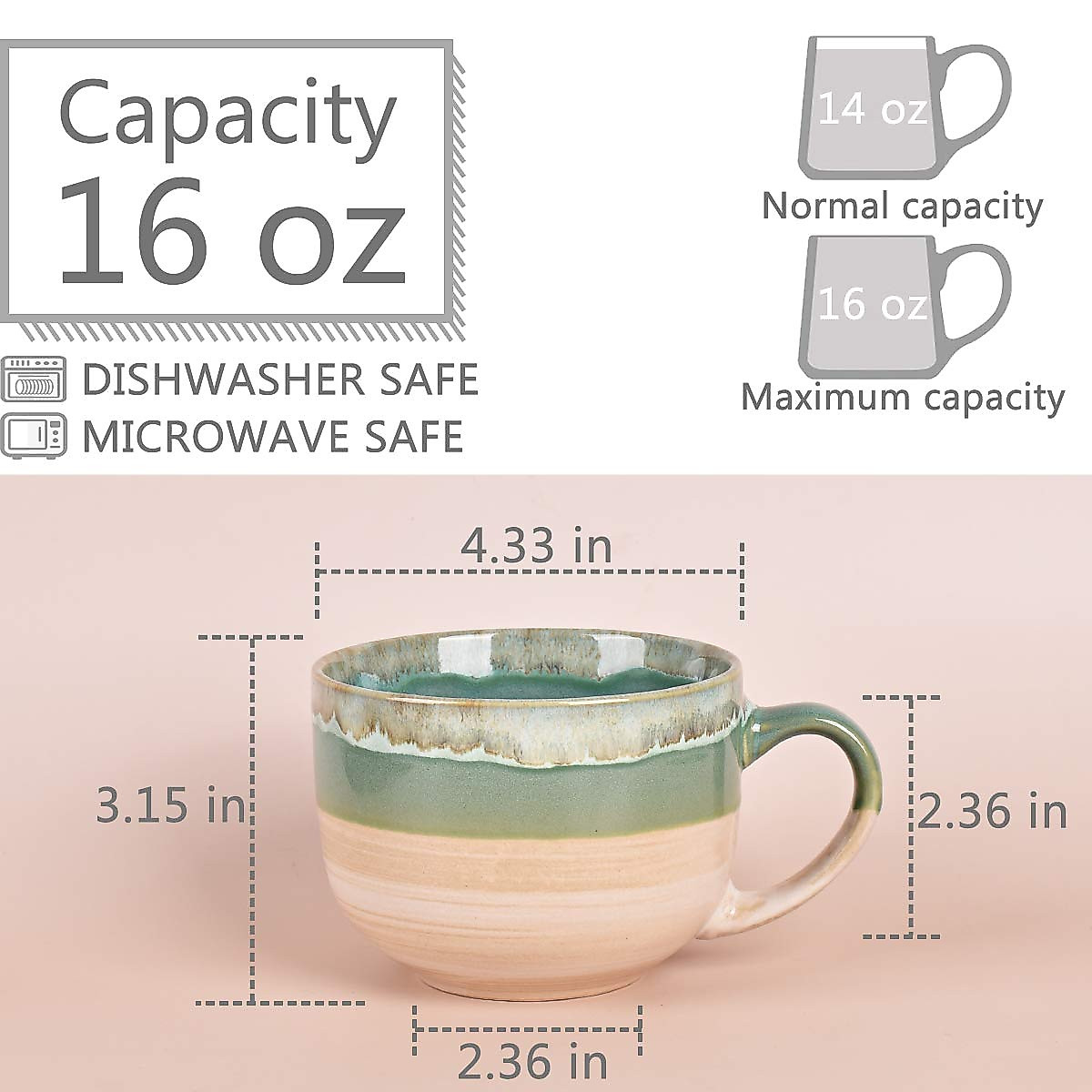 Bosmarlin Large Ceramic Coffee Mug Set of 2, Stoneware Jumbo Latte Mugs for Office and Home, 16 Oz, Dishwasher and Microwave Safe(Green, 2)