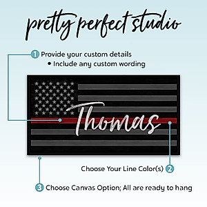 Pretty Perfect Studio Custom Red Line Fireman Name Sign, Personalized Fire Department For Firefighter Canvas Wall Art 10"x20"