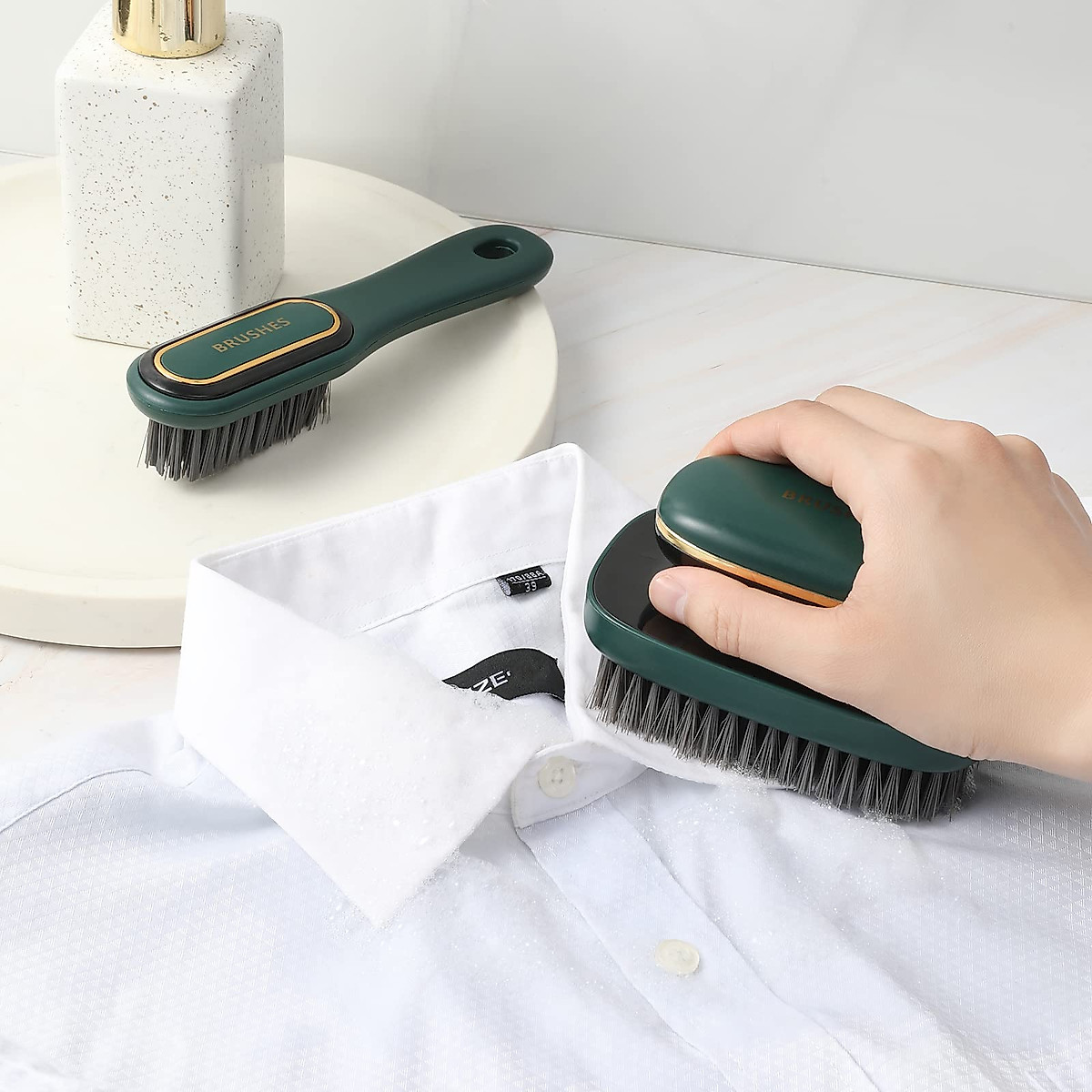 Household Cleaning Washing Brush Ergonomic Handle Durable Bristles Grout Cleaner Brush Scrubber Bathroom Shower Tile Kitchen Floor Bathtub Floor pack2 (Green)