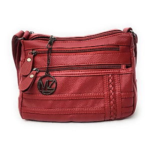 MariaKinz Soft Leather 5 Zipper Pockets Shoulder Purse and Handbag (Red)