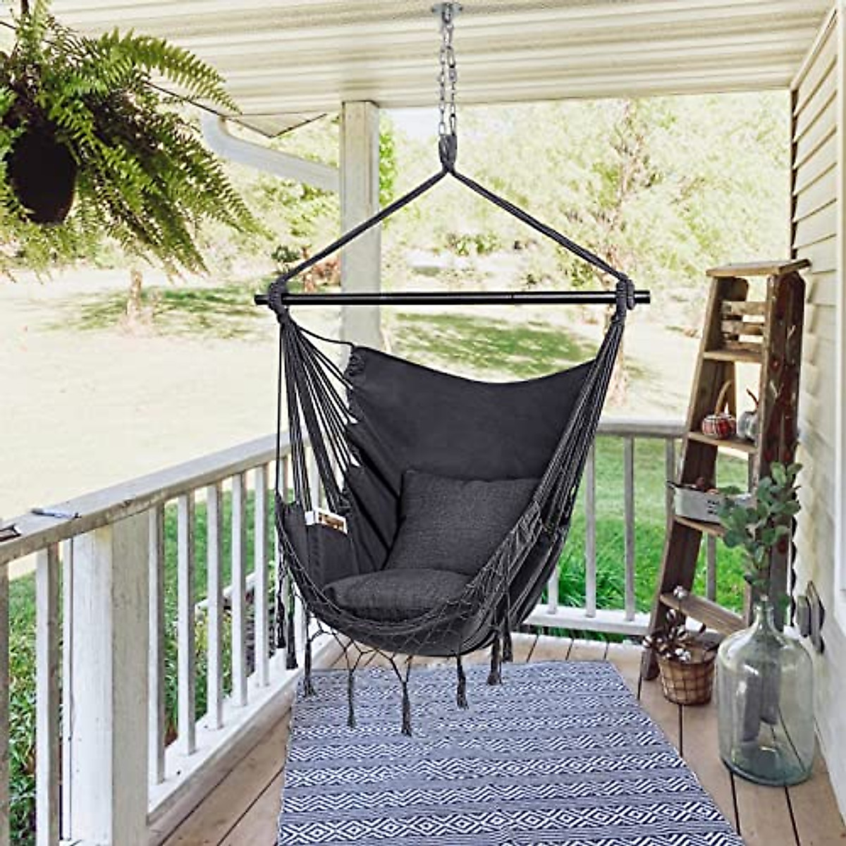 HBlife Hammock Chair, Max 330 Lbs, 2 Pillows Included, Dark Gray Hanging Chair with Pocket and Macrame, Swing Rope Chair for Bedroom, Backyard and Deck