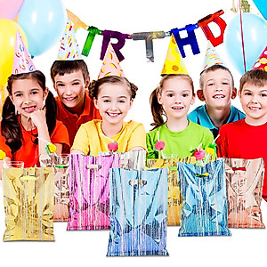 HAPMARS 50 Pcs Birthday Party Favor Bags, Stripe Goodie Candy Bags with Handles, Party Treat Bags for Kids Baby Girls & Boys, Plastic Loot Gift Bag Bulk for Baby Showers, Party