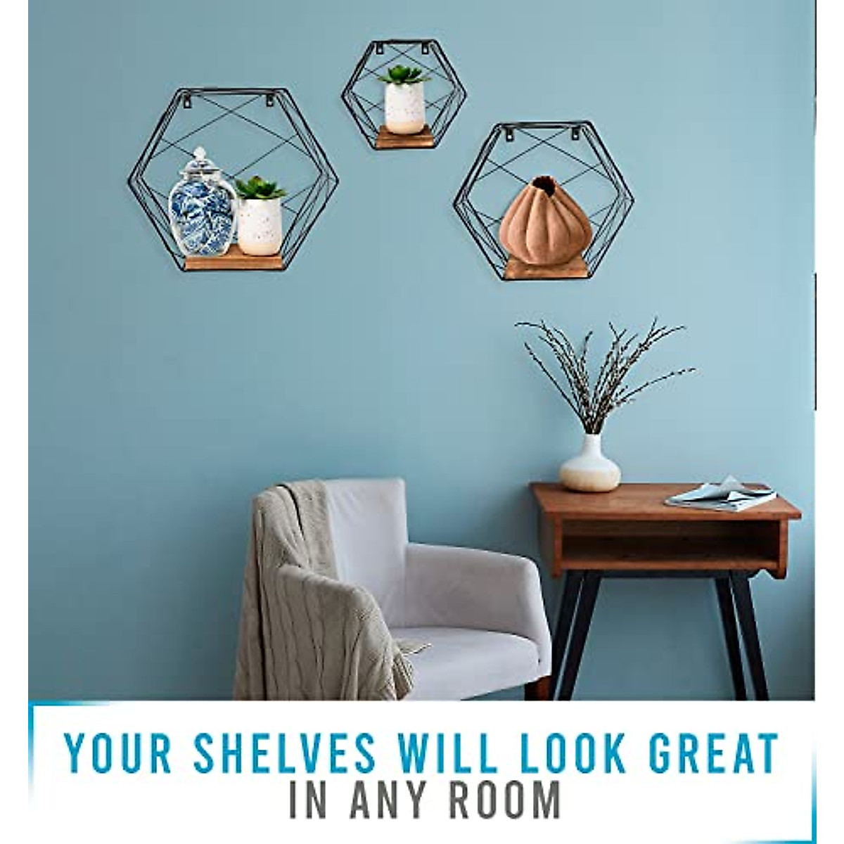 Comfify Industrial Wall Mounted Honeycomb Floating Shelves Set of 3 Decorative Hexagon Metal Wire Shelves – Large, Medium and Small - Modern Shelves for Home, Office and More - Rustic Brown