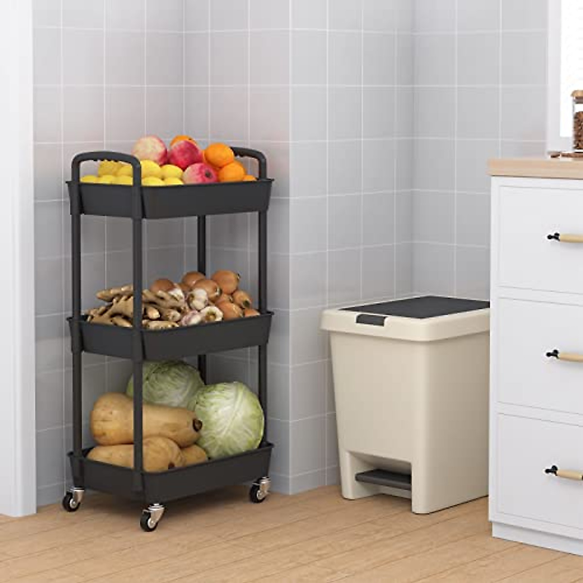 JIUYOTREE 3-Tier Rolling Storage Cart Utility Cart with Lockable Wheels for Living Room Bathroom Kitchen Office Black
