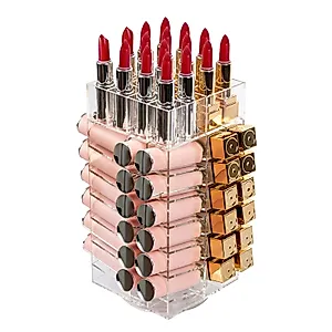 display4top Lipstick Holder, Acrylic Rotating 64 Lipstick Tower Organizer, 360 Degree Spinning Lipstick Tower Lipgloss Stand with Removable Dividers
