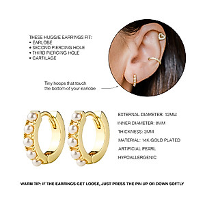 LAVLA Pearl Huggie Earrings | 14k Gold Plated or Silver Small Tiny Pearl Hoop Earrings For Women (Gold Pearl)