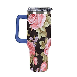 LLUTSNTH 40 Oz Vacuum Tumbler with Deep Blue Handle Leakproof Insulated Tumbler Pink Rose Stainless Steel Travel Mug with Lid And Straw Coffee Cup Cute Water Bottles Cup Holder Friendly