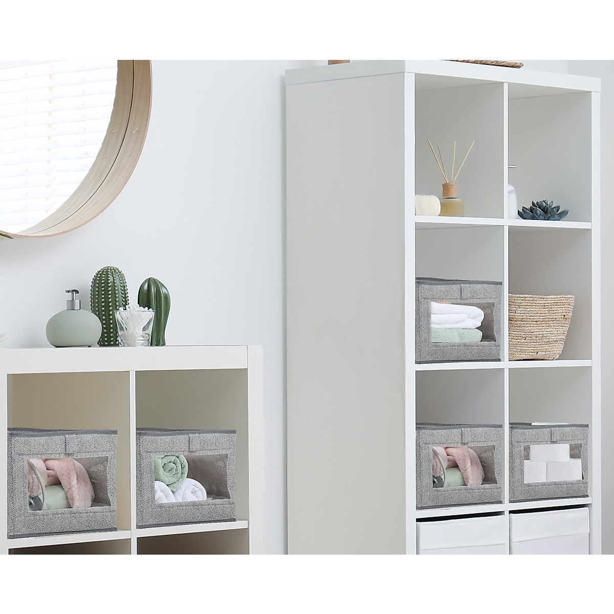 Fabric Collapsible Storage Bins, Set of 3 Organizer Bin with Visible Window, Shelf Basket Closet Clothes Organizer Storage Containers for Organizing Shelves, Wardrobe, Office, Clothing (3pc-Gray)