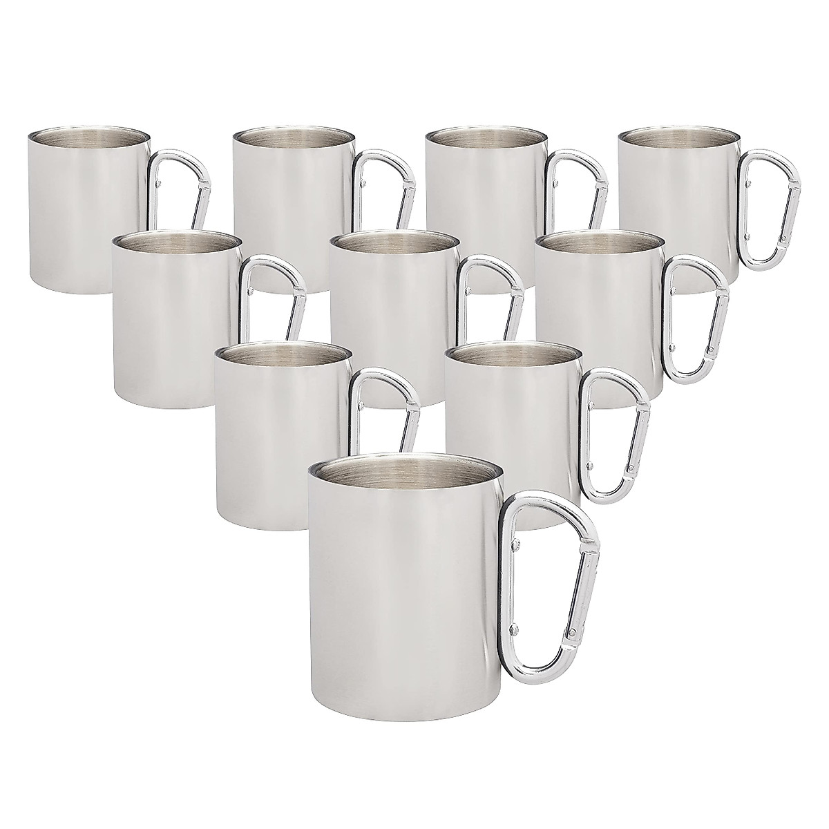 DISCOUNT PROMOS Stainless Steel Mugs with Carabiner Handle 10 oz. Set of 10, Bulk Pack - Perfect for Coffee, Soda, Other Hot & Cold Beverages - Silver