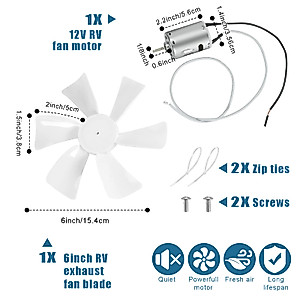 6 inch RV Vent Fan,12V D-Shaft RV Fan Motor with White Fan Blade for RV Bathroom Fan Camper Roof Vent