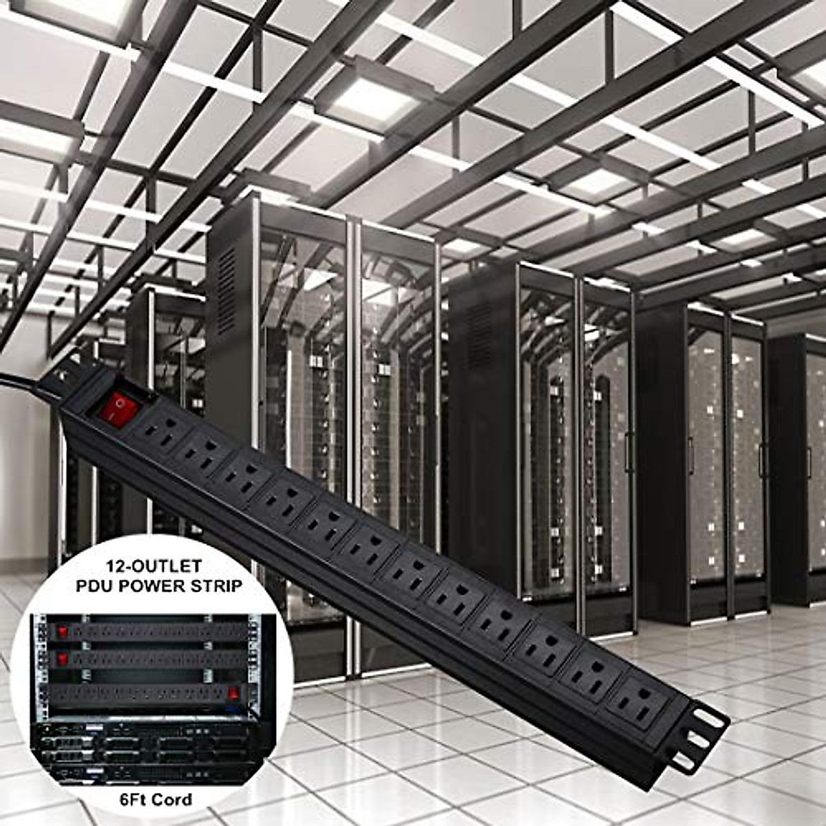 BTU Power Strip Surge Protector Rack-Mount PDU, 12 Outlet Power Strip with Switch, Metal Mountable Power Strip Heavy Duty for Server Racks, Garage Shop Power Strip, Industral Commercial (Black 6FT)
