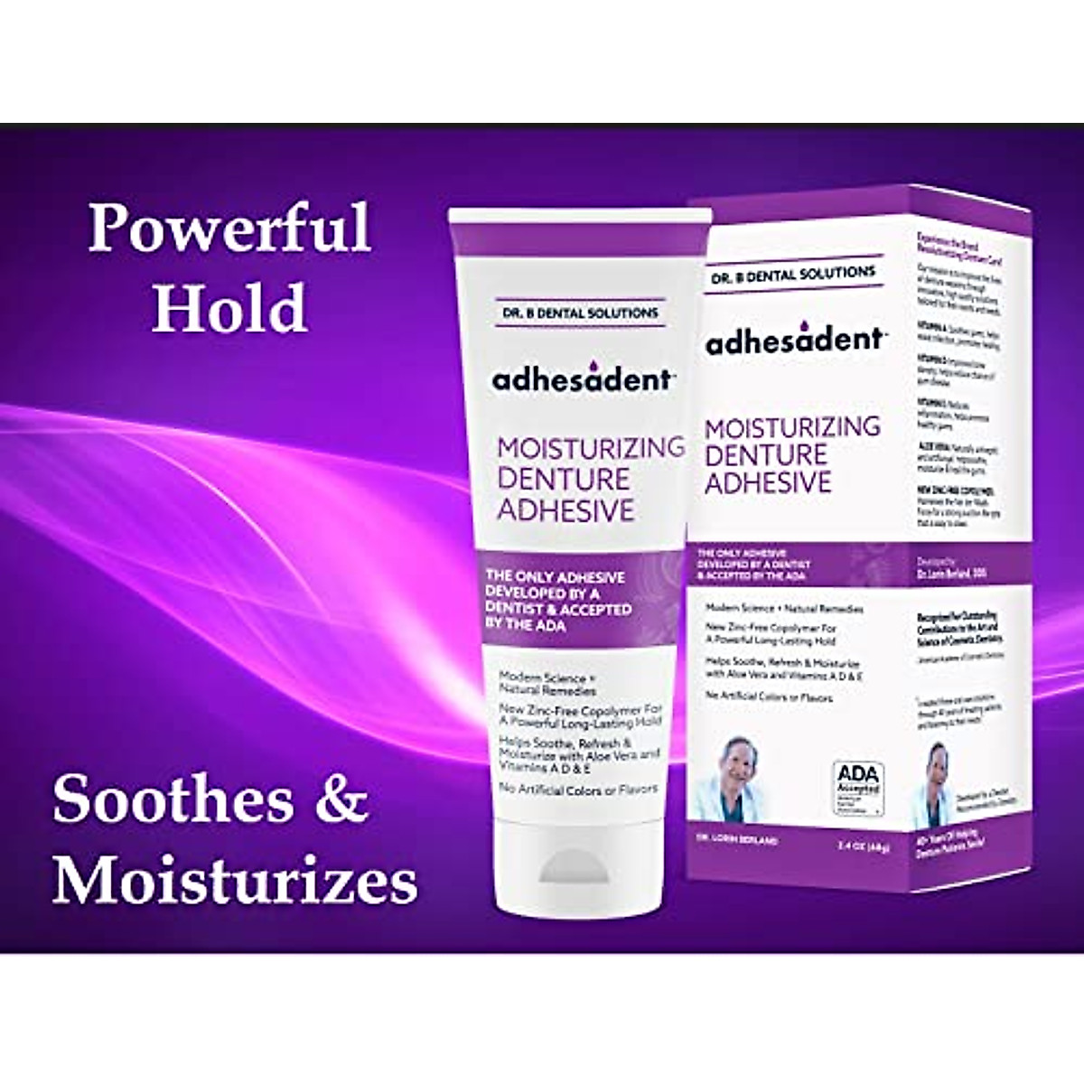 Dr. B Dental Solutions, Adhesadent Moisturizing Denture Adhesive, ADA Seal of Acceptance Denture Grip Paste 2.4 oz