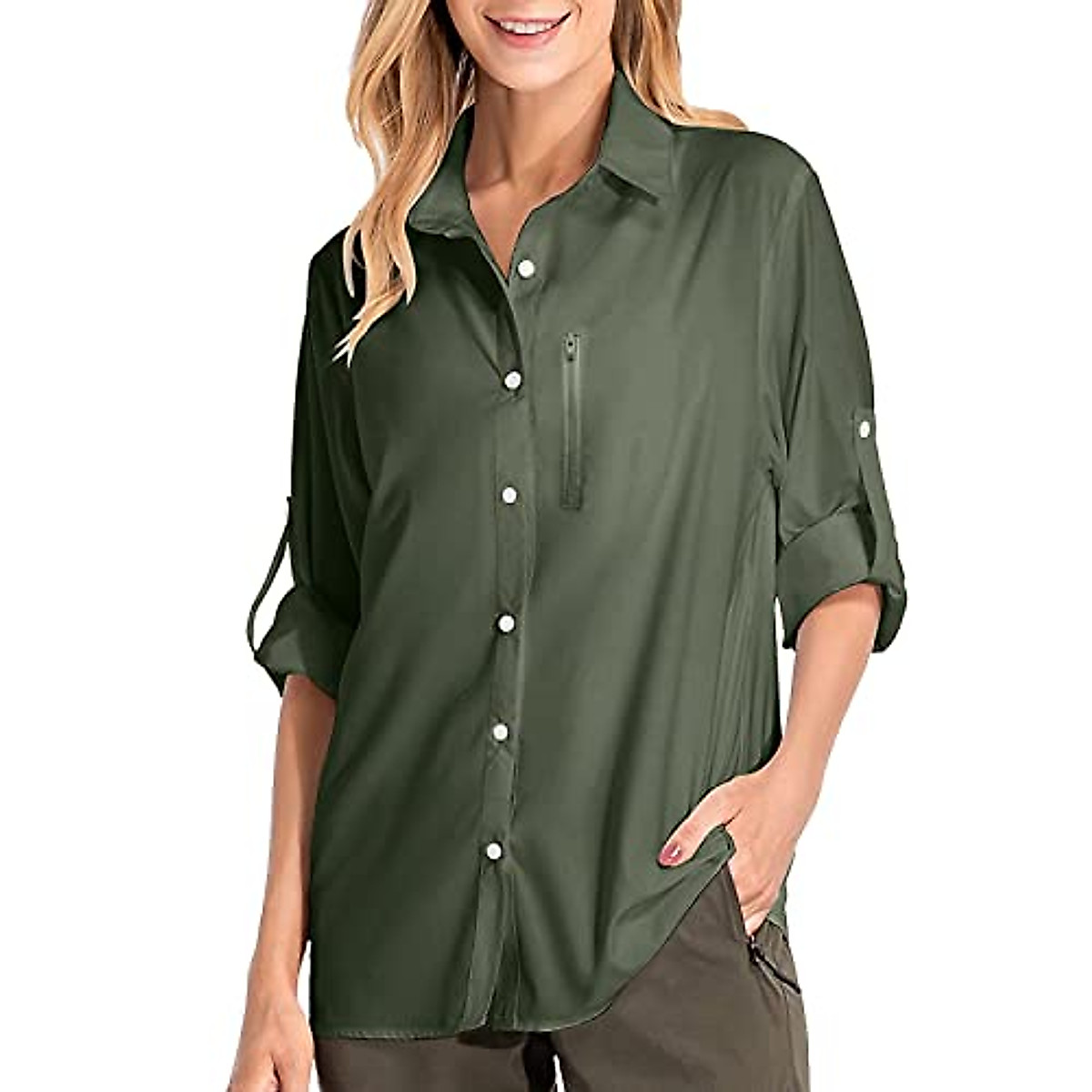 Womens Button Up Shirts UPF 50+ Sun Protection Long Sleeve Lapel Collar Zipper Pocket Blouse Outdoor Cool Fishing Hiking Shirt Free Fly Apparel Women