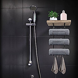 Merkaunis Towel Rack Wall Mounted with 4 Hooks,Metal Tower Holder with Wooden Shelf, Bathroom Towel Storage,Towel Storage Racks for Different Size Towels,Washcloths,Hand Towels,Yoga,Salon,RV