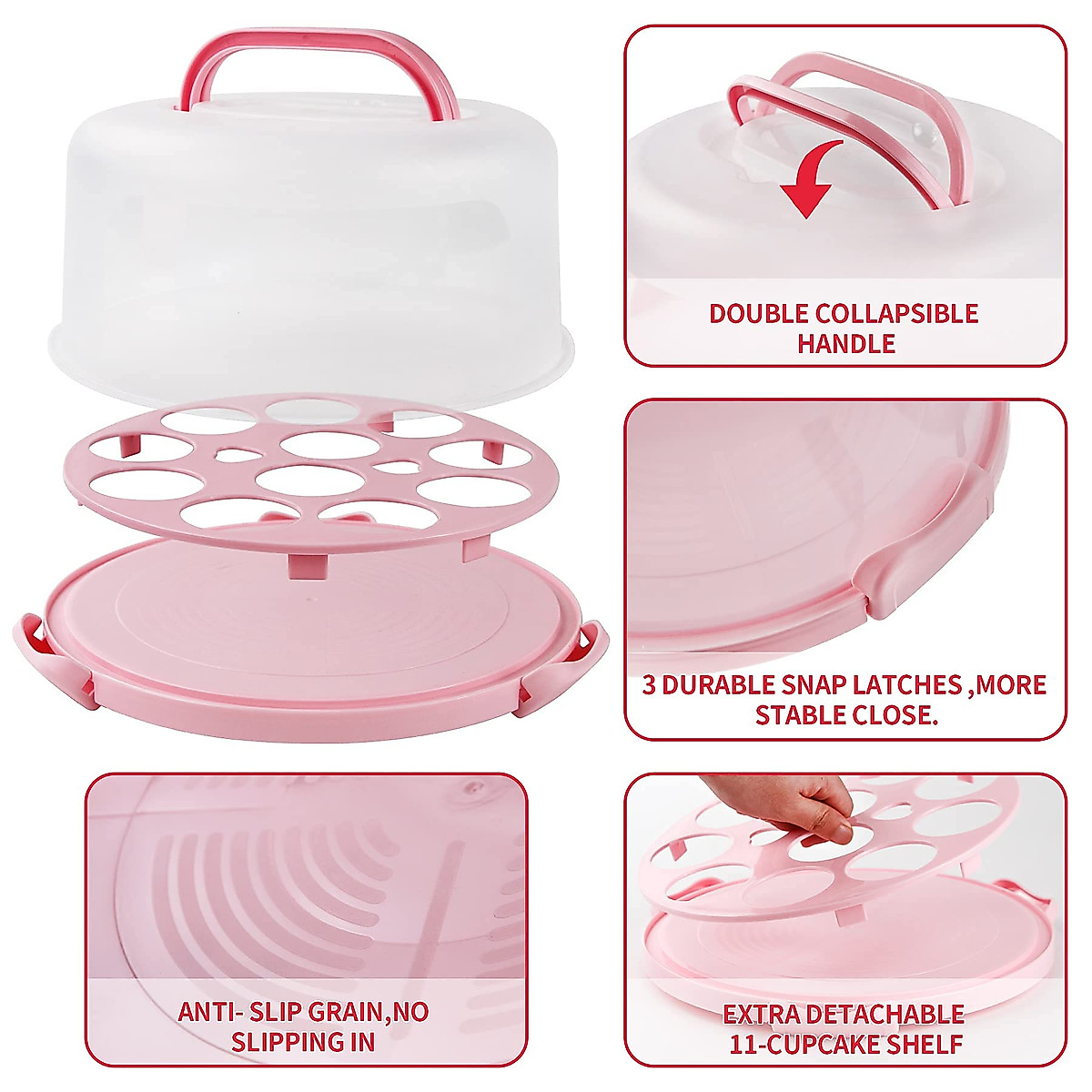 HOYA PONYOO Portable Cake Carrier with Handle, Round Cupcake Holder with Lid, Plastic Storage Container Box fit 10 inch Cake, 3-Locking Muffin and Pies Keeper with Cover (Pink)