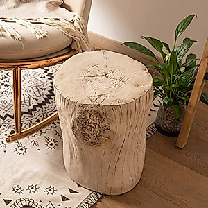 COSIEST Outdoor Antique Beige Side Table Faux Wood, Hand-Painted Wood Stump Stool, Ottomans, Plant Stand, Deck or Garden
