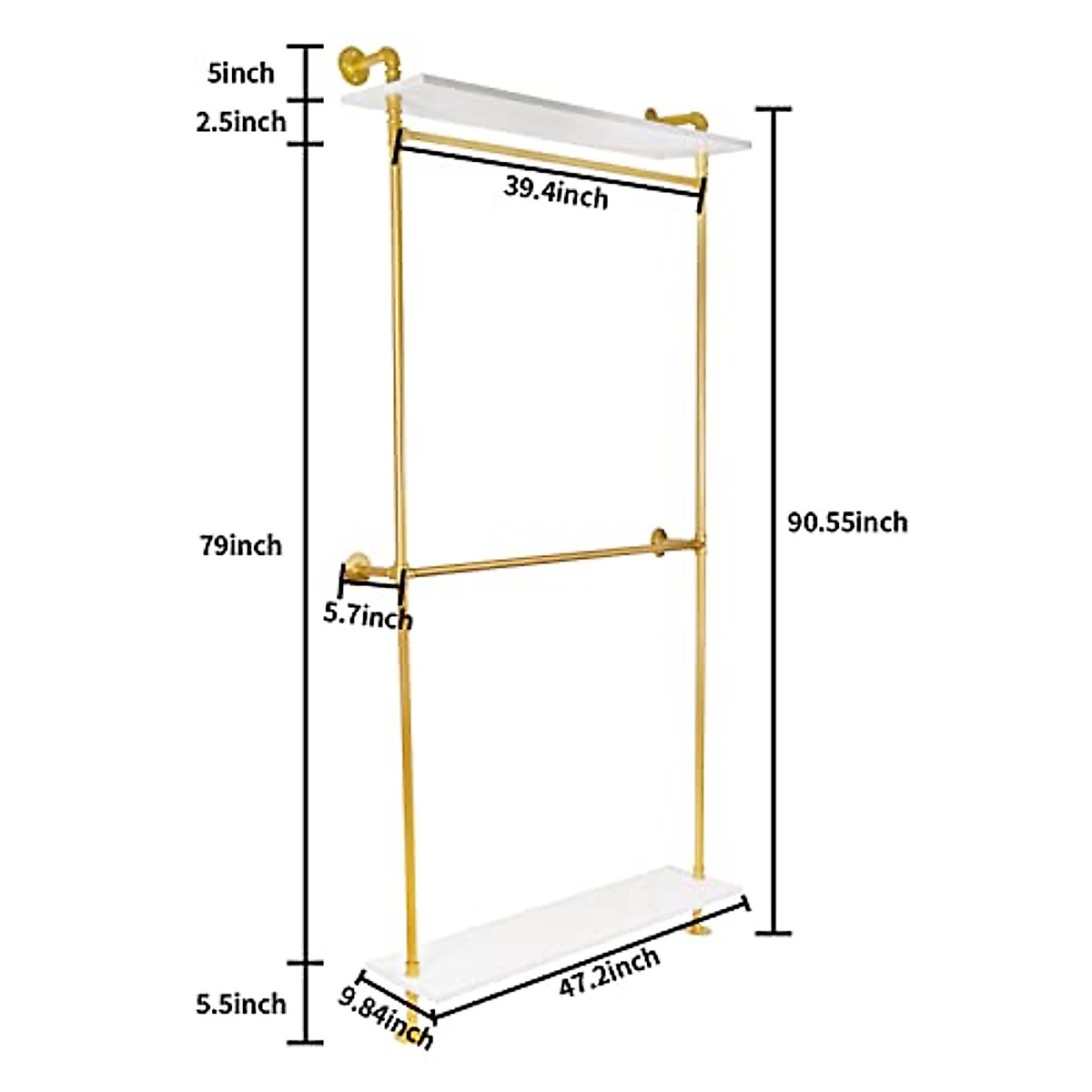 lesolar Industrial Pipe Double Hanging Rods Clothing Rack Gold Clothing Rack,90.55" H Wall Mounted Garment Rack Storage Clothes Hanging Shelf Suitable for Bedroom, Retail Clothing Store, Boutique