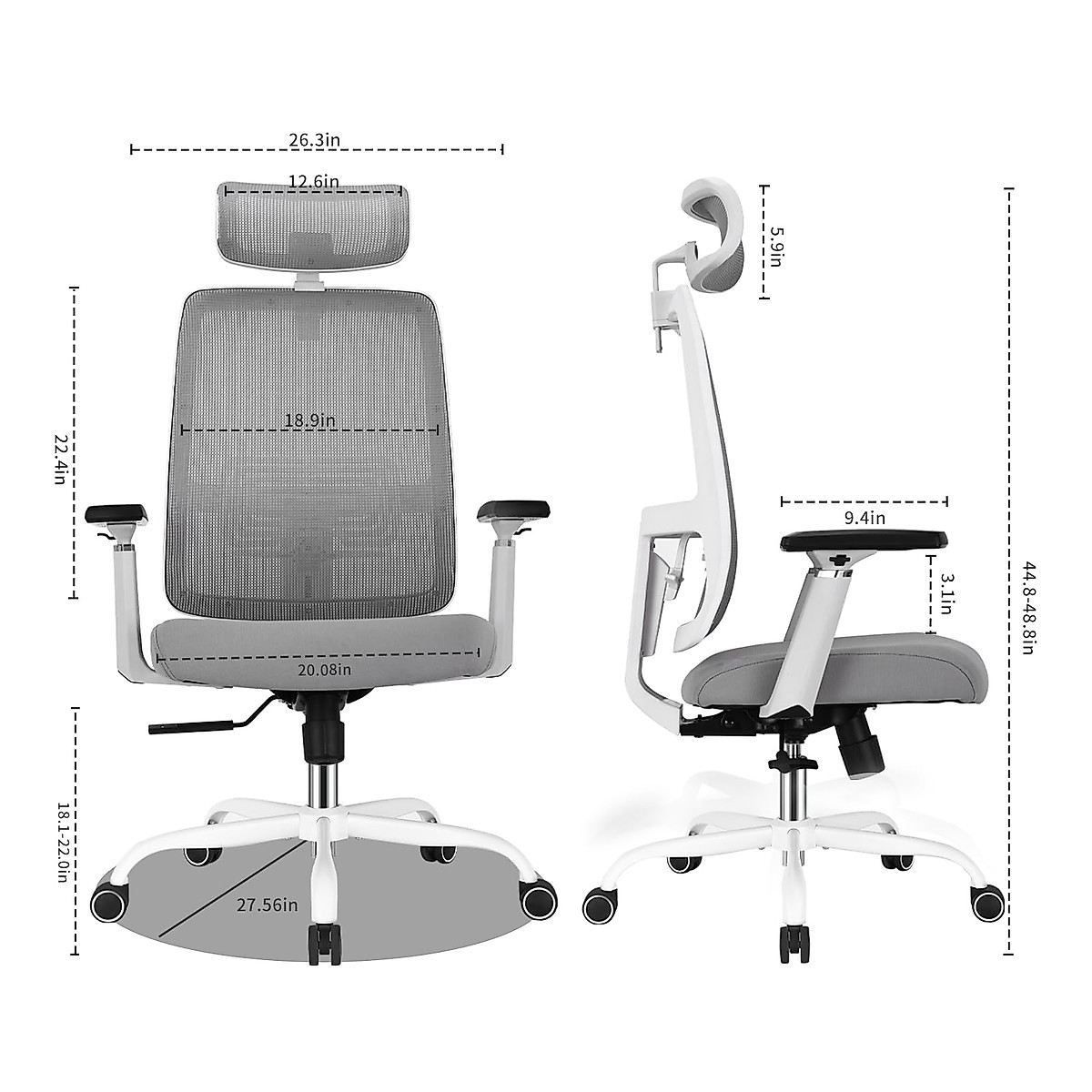 Schwake Ergonomic Office Chair - High Back Desk Chair with Adjustable Lumbar Support, Headrest & 3D Armrest - 135°Rocking Mesh Computer Chair (White & Grey)