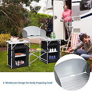 Giantex Camping Kitchen Station, Folding Grill Table with 26'' Tabletop, 2 Side Tables, Storage Organizer, Detachable Windscreen, Portable Camp Cook Outdoor Prep Station Backyard BBQ Picnic (Black)