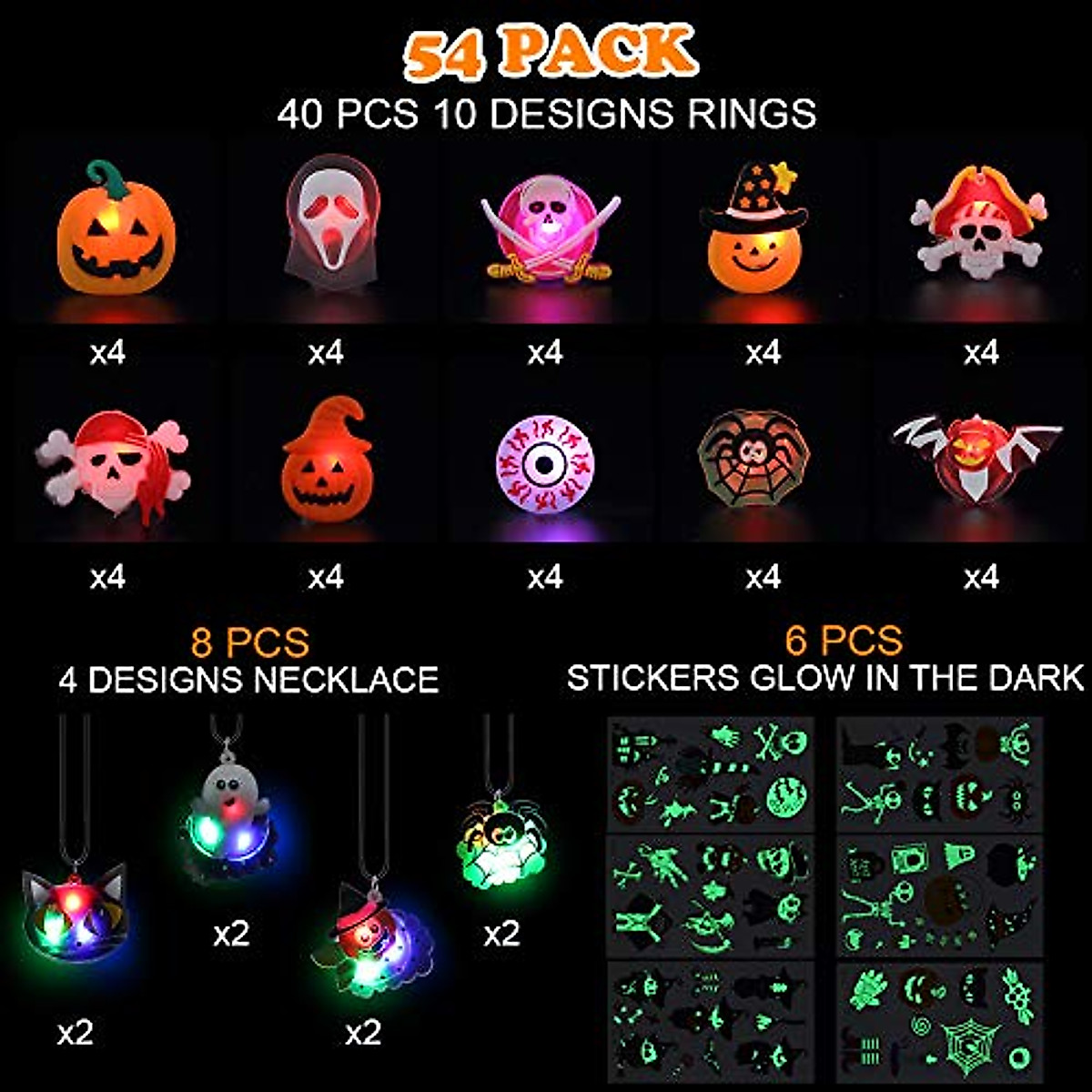 Twister.CK 54 PCS Halloween Party Favors for Kids, 40 Pack LED Light Up Rings, 8 Pack LED Light Up Necklaces, 6 Pack Halloween Temporary Tattoo Glowing Stickers, Glow in the Dark Party Supplies Halloween LED Light Up Toys Non Candy Halloween Treats Goodie