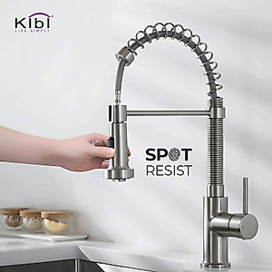 KIBI Aurora Single Handle Spring Pull Down Faucet for Kitchen Sink | Solid Brass High Arc Faucet Spout | Kitchen Faucet with Pull Down Sprayer (Brushed Nickel) (KKF2003) (Soap Dispenser included)