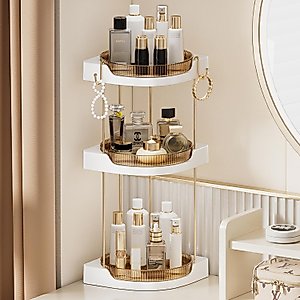 DOADW Makeup Organizer Countertop - 360° Rotating Bathroom Organizer Spinning Skincare Care Organizer - 3 Tier Lazy Susan Corner Organizer with 2 Hole Rack for Bathroom, Kitchen