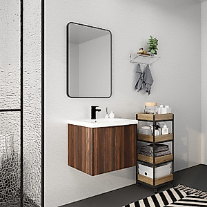 24-Inch Wall Mounted Bathroom Vanity with Sink Combo Modern Single Bathroom Vanity Set with Top Resin Sink & Storage Cabinet Wood Hanging Bath Cabinet w/Resin Sink for Bathroom (Walnut-24 Inch)