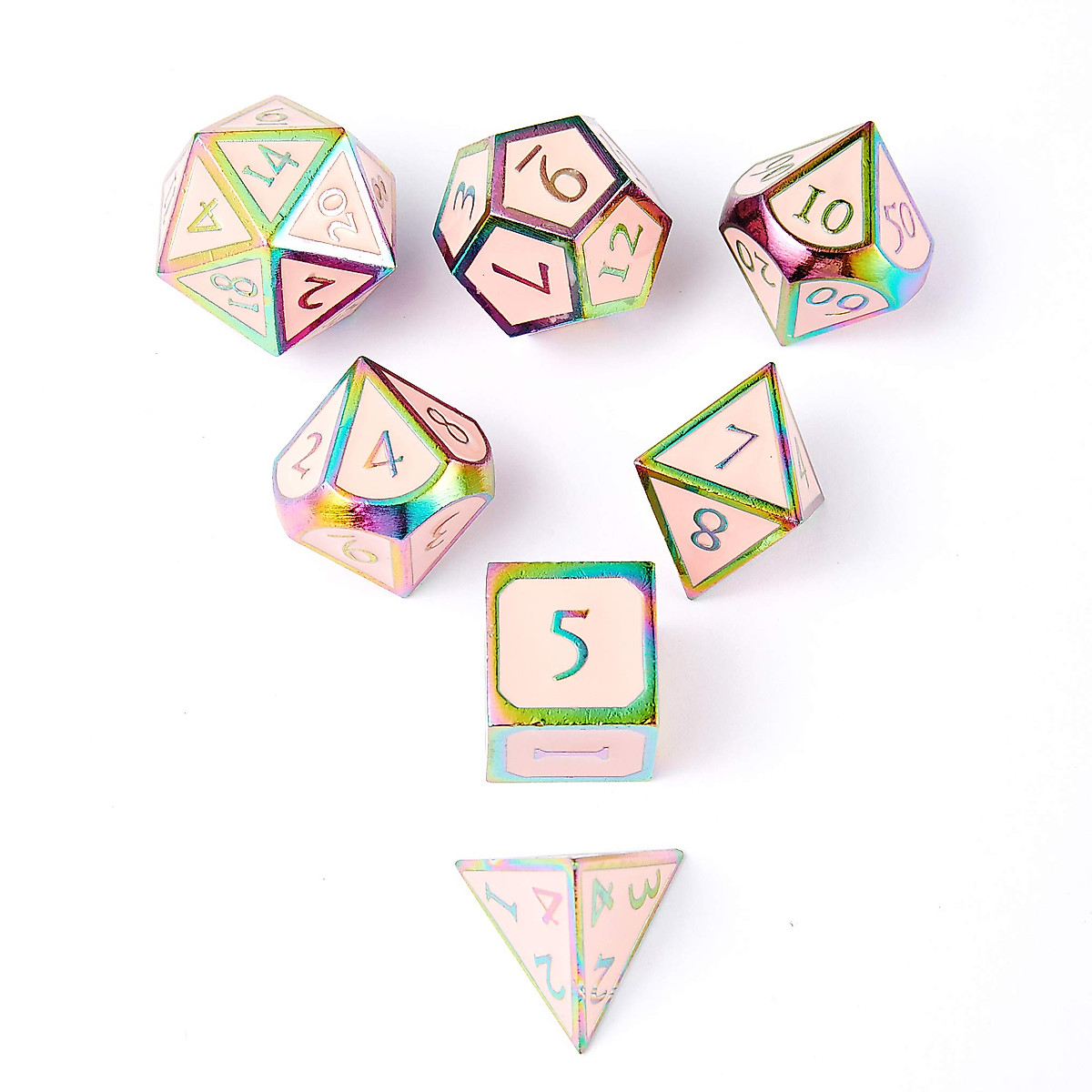 DND Metal Game Dice Set Cream Pink with Rainbow Edge 7pcs Set for Dungeons and Dragons RPG MTG Table Games D4 D6 D8 D10 D12 D20